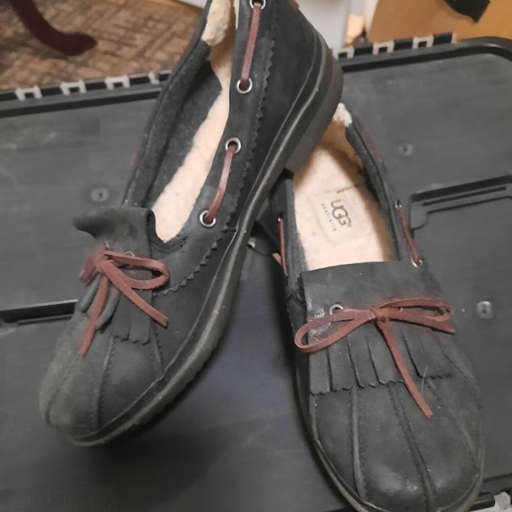 Ugg Haylie Black Nubuck Leather Sherpa Lined Kiltie D… - Gem